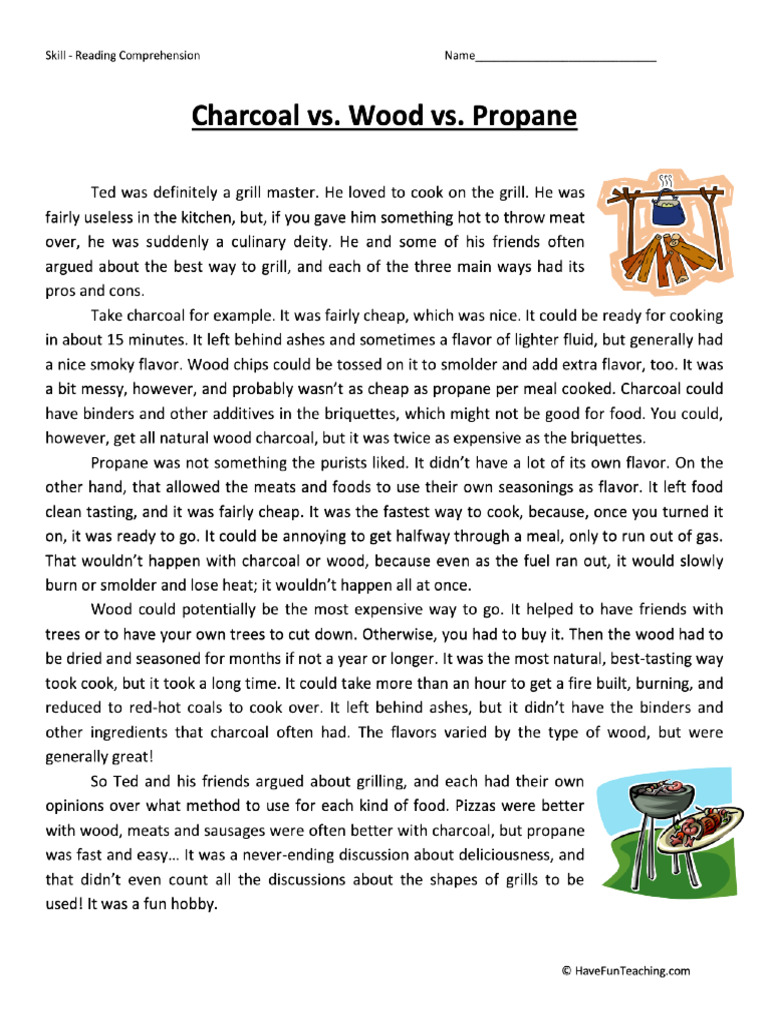 charcoal-wood-propane-fifth-grade-reading-comprehension-worksheet | PDF