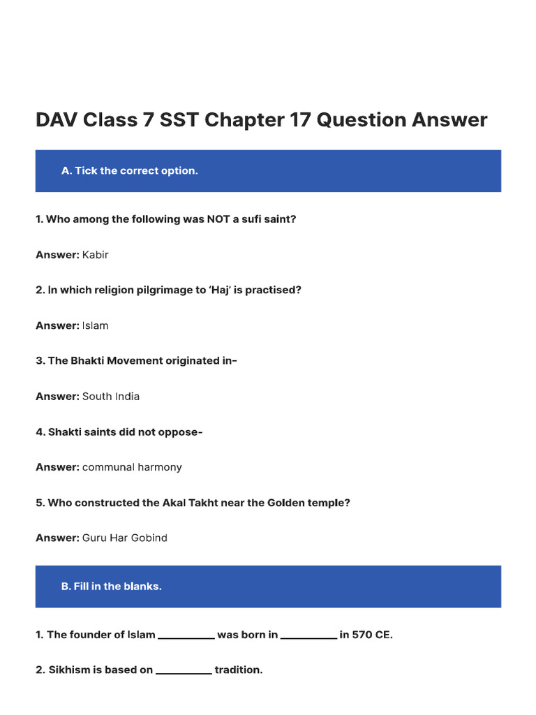 DAV Class 7 SST Chapter 17 Question Answer Major Religions | PDF