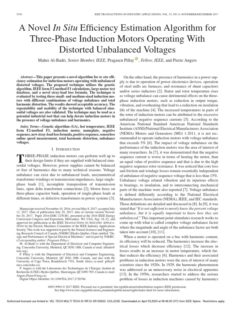 A Novel in Situ Efficiency Estimation Algorithm For Three-Phase Induction Motors Operating With ...