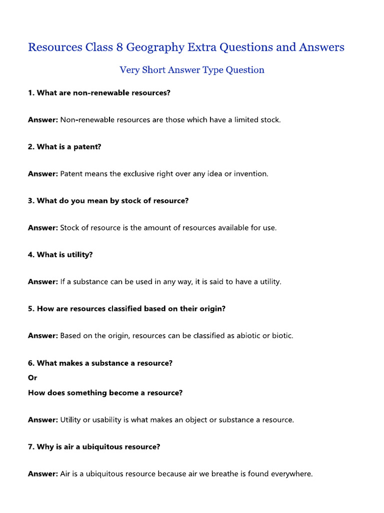 Resources Class 8 Geography Extra Questions and Answers | PDF