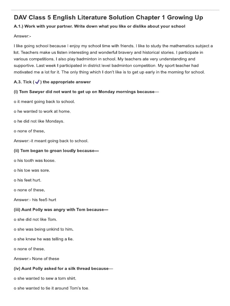 DAV Class 5 English Literature Solution Chapter 1 Growing Up | PDF