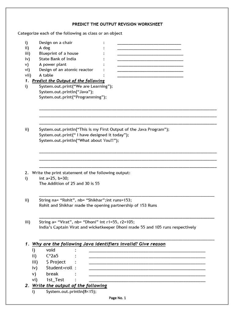 PREDICT THE OUTPUT REVISION WORKSHEET Grade 10th Icse | PDF | Integer (Computer Science) | Computing