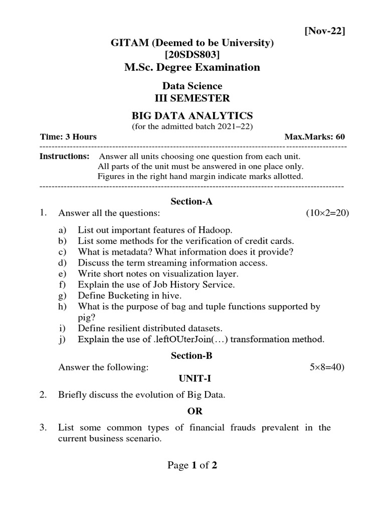 Big Data Analytics Exam Questions | PDF | Apache Hadoop | Big Data