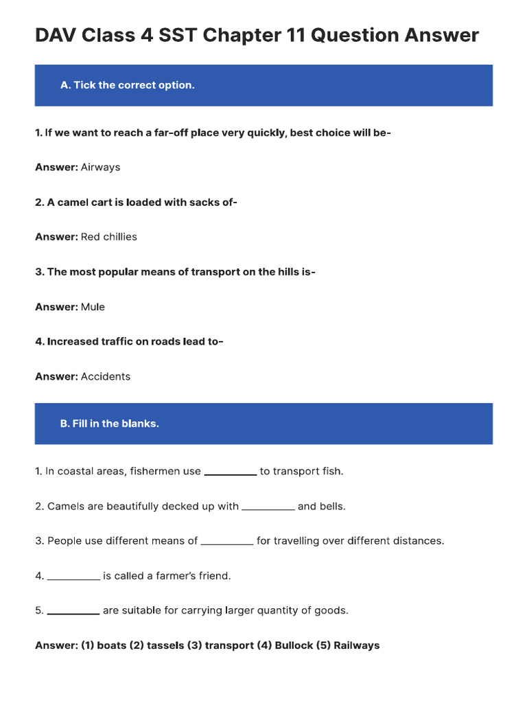 DAV Class 4 SST Chapter 11 Question Answer Let Us Travel | PDF