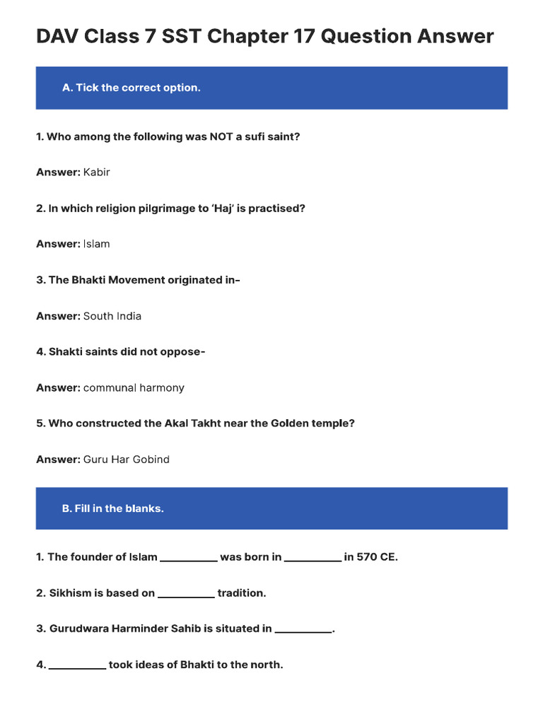 DAV Class 7 History Chapter 17 Major Religions Solutions | PDF