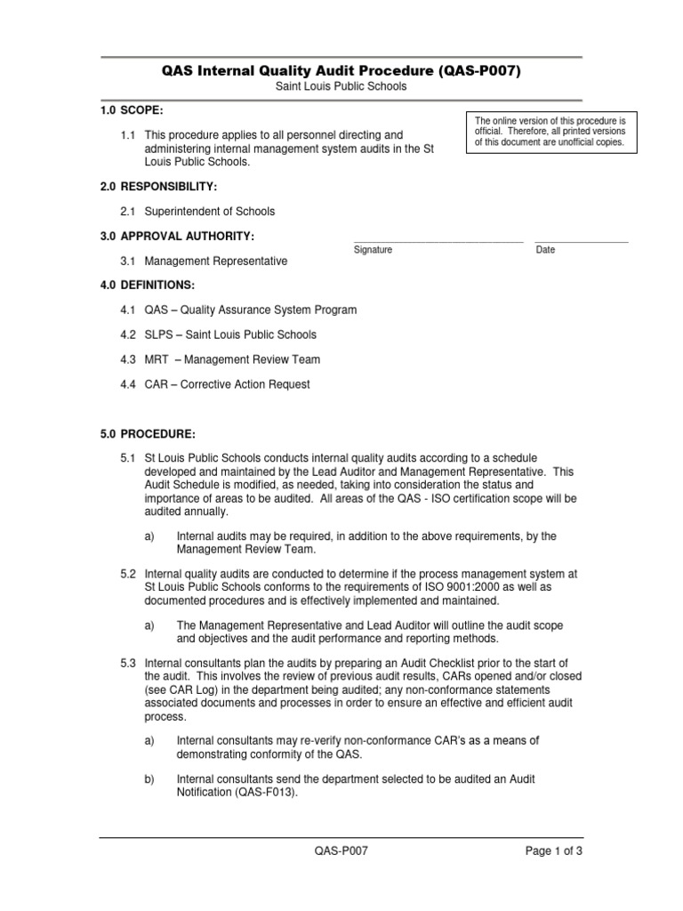QAS P007 Internal Quality Audit Procedure | PDF | Audit | Quality Assurance