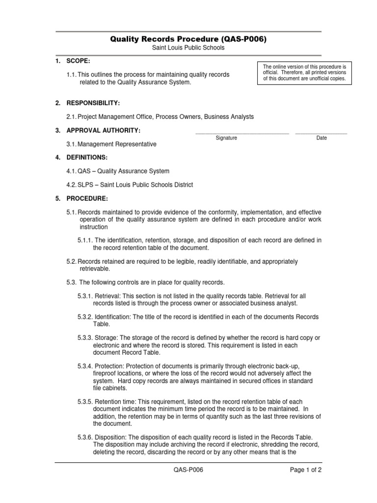 QAS P006 Quality Records Procedure | PDF | Quality Assurance ...