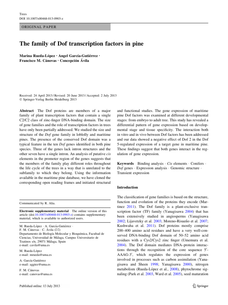 The Family of Dof Transcription Factors in Pine, Trees | PDF | Real Time Polymerase Chain ...