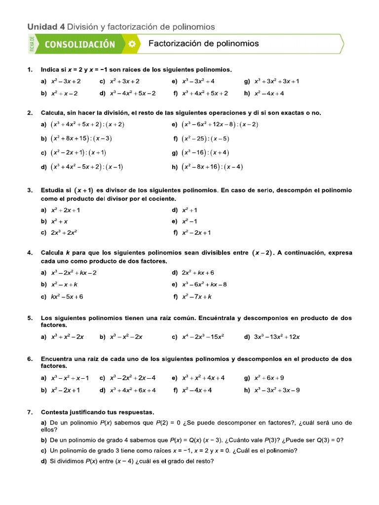 FACTORIZACIÓN DE POLINOMIOS EJERCICIOS 3ESO | PDF