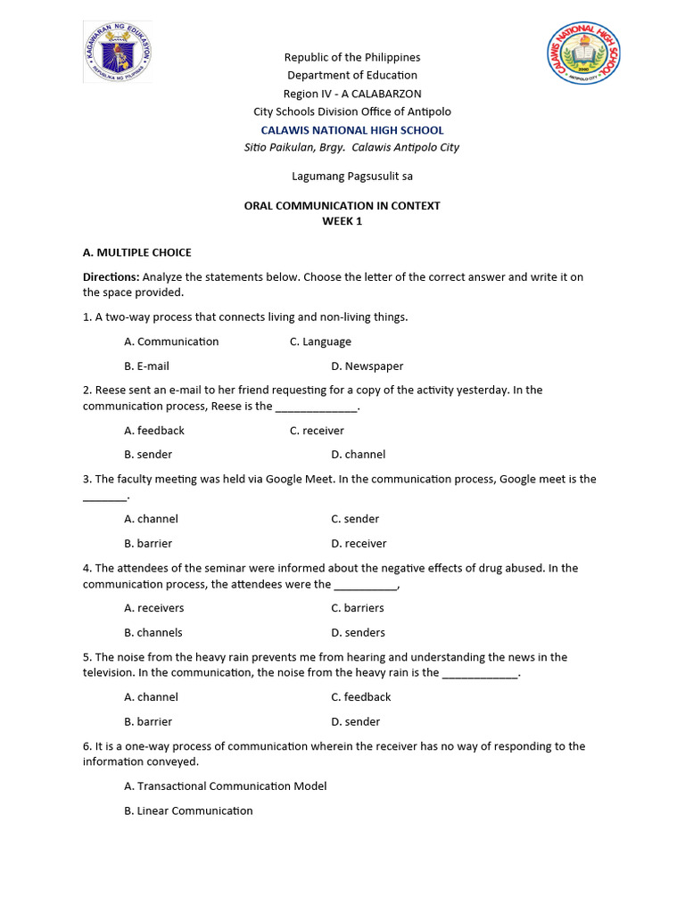 Sum Test Week 1 Oral Comm | PDF | Communication | Information Sum Test Week 1 Oral Comm | PDF | Communication | Information