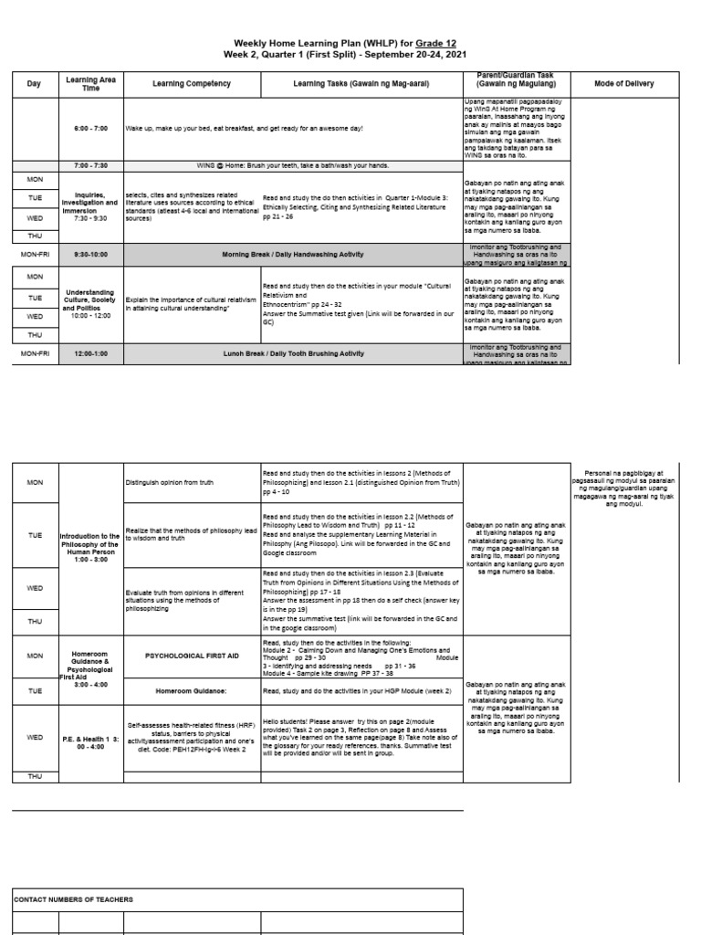WHLP Grade 12 (Q1-1st Split) .XLSX - Sept 20 - 24 | PDF
