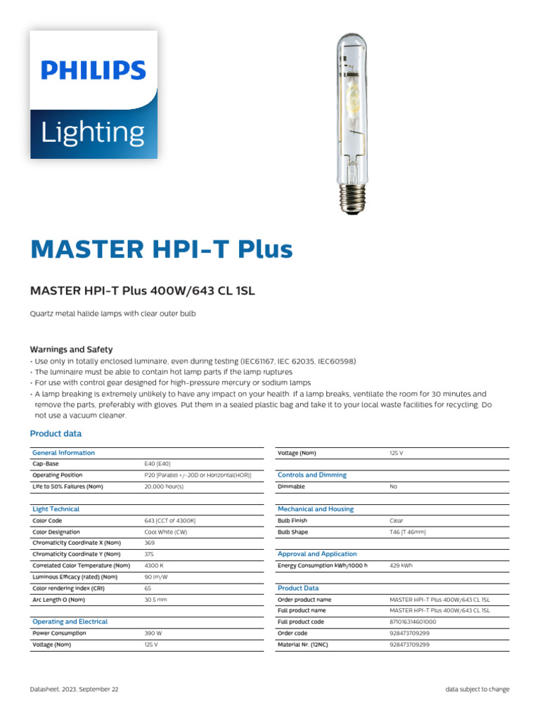MASTER HPI T Plus 400W 643 CL 1SL | PDF | Electrical Equipment ...
