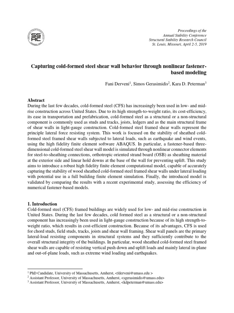 Capturing Cold-Formed Steel Shear Wall Behavior Through Nonlinear ...