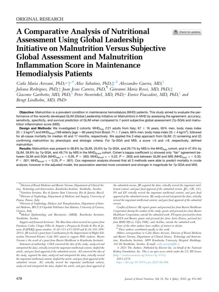 A Comparative Analysis of Nutritional Assessment U | PDF | Chronic Kidney Disease | Malnutrition