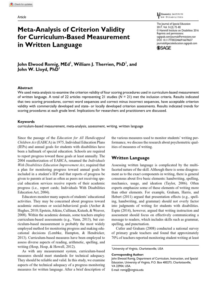 Meta-Analysis of Criterion Validity For Curriculum-Based Measurement in Written Language | PDF ...