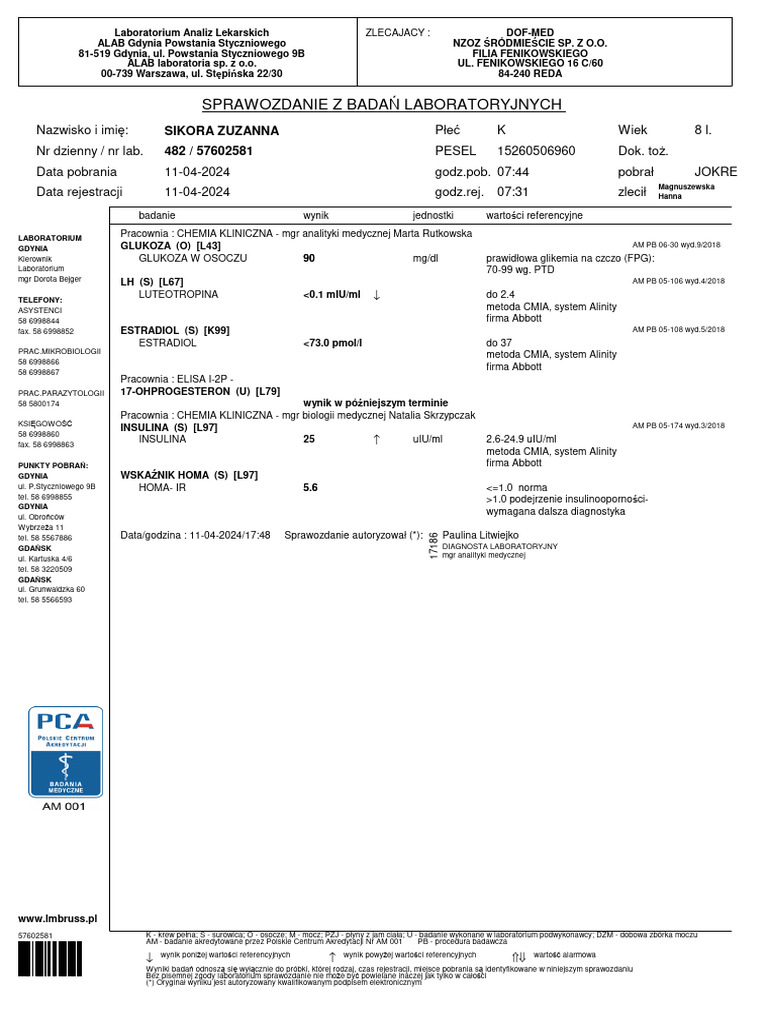 Sprawozdanie Z Badań Laboratoryjnych: Sikora Zuzanna 482 / 57602581 | PDF