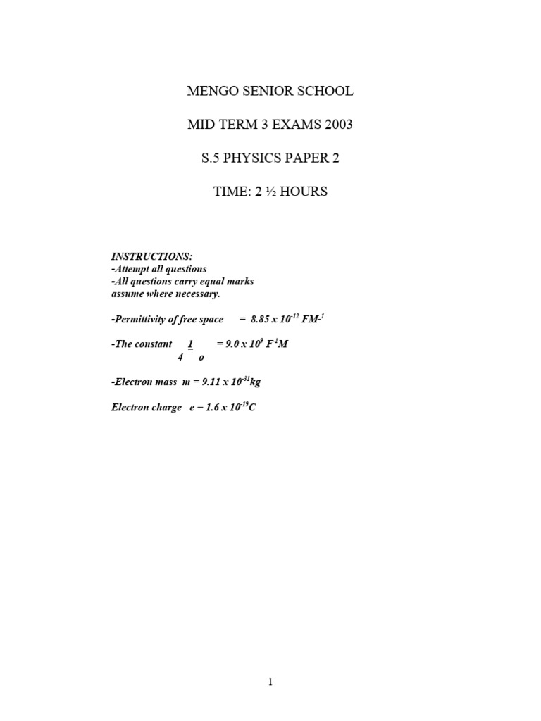 S.5 Physics Midterm Exam Paper 2003 | PDF | Capacitor | Capacitance