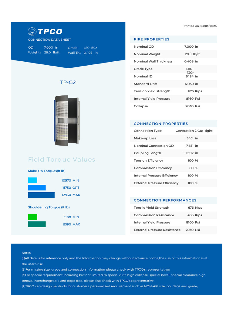 CDS 7.000in 29.00PPF L80-13CR TP-G2 V2024.03.05 | PDF | Materials | Mechanical Engineering