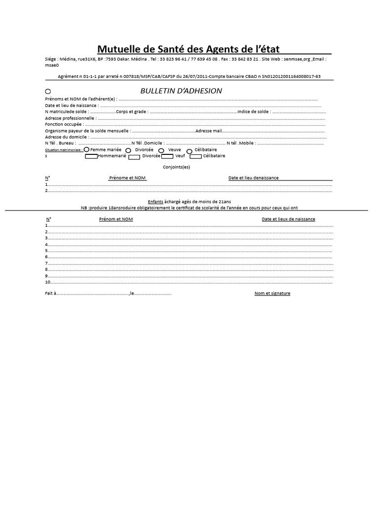 Mutuelle de Santé Des Agents de L'état: Bulletin D'Adhesion | PDF