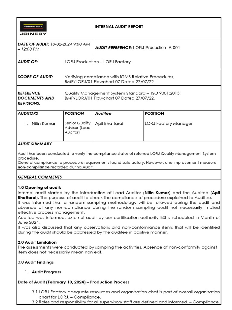Internal Audit Report - LORJ Production | PDF | Audit | Auditor's Report