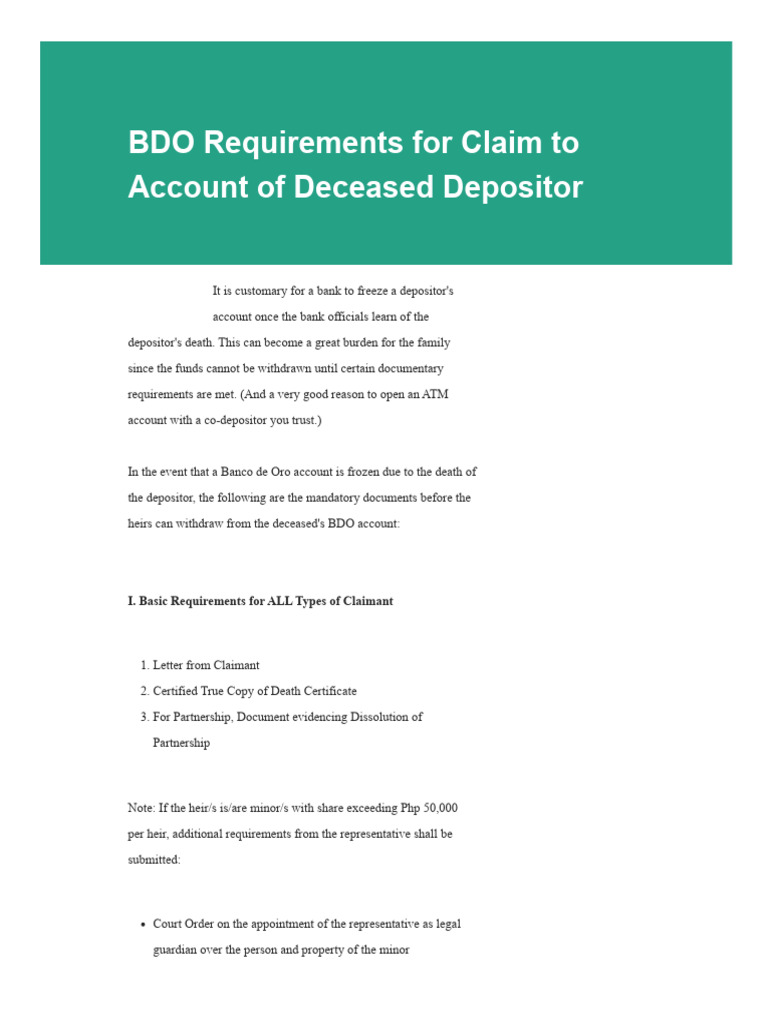 BDO Requirements for Deceased Depositors | PDF