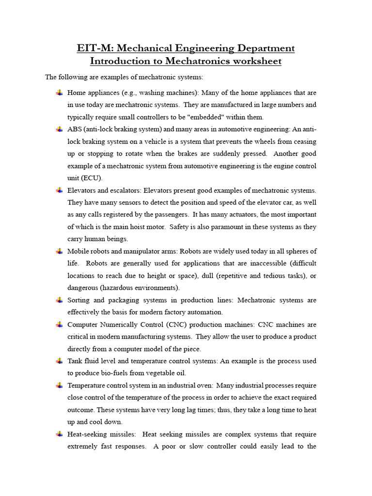 Mechatronics Systems Worksheet | PDF | Mechatronics | Electric Motor