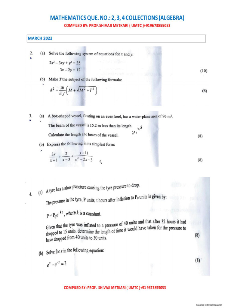 2,3,4.mathematics Algebra Question Bank 2023 | PDF