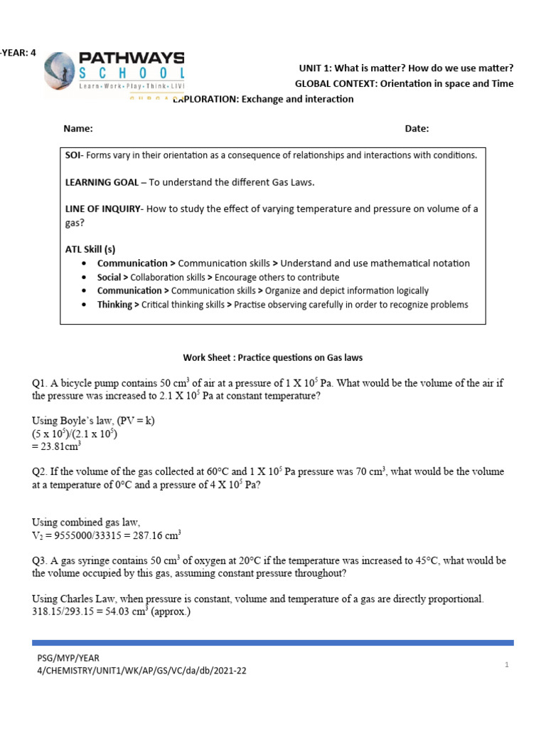 Worksheet - 1c - Practice Questions On Gas Laws | PDF | Gases | Pressure