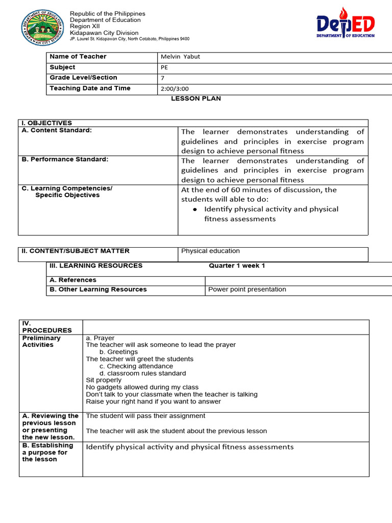 LESSON-PLAN-TEMPLATESEMI-DETAILED | PDF | Lesson Plan | Physical Fitness