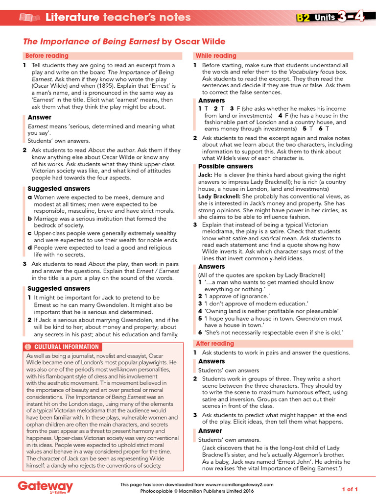 B2 UNITS 3 and 4 Literature Teacher's Notes | PDF | The Importance Of ...