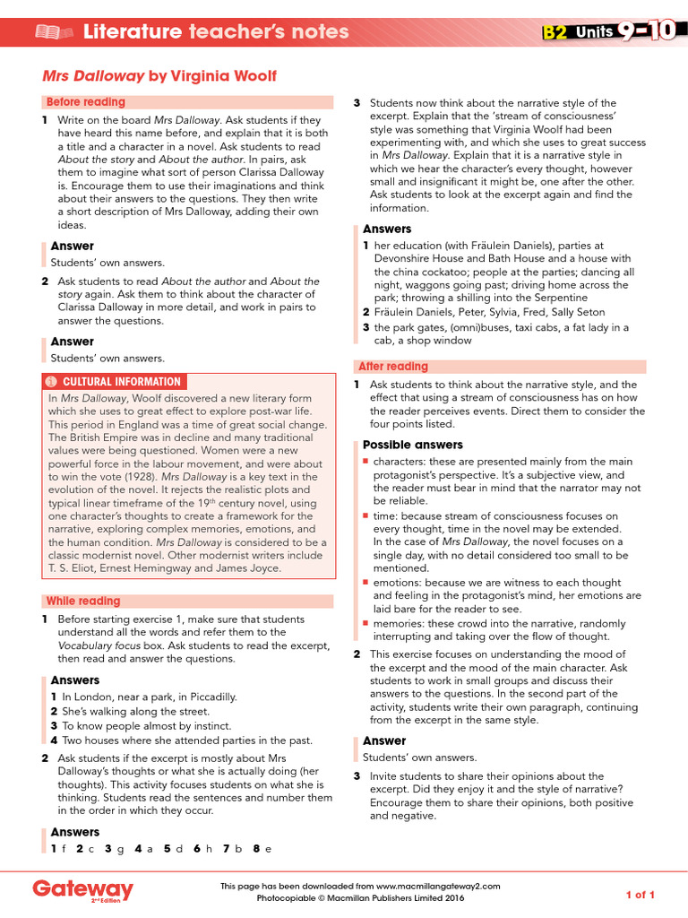 B2 UNITS 9 and 10 Literature teacher's notes | PDF | Mrs Dalloway ...