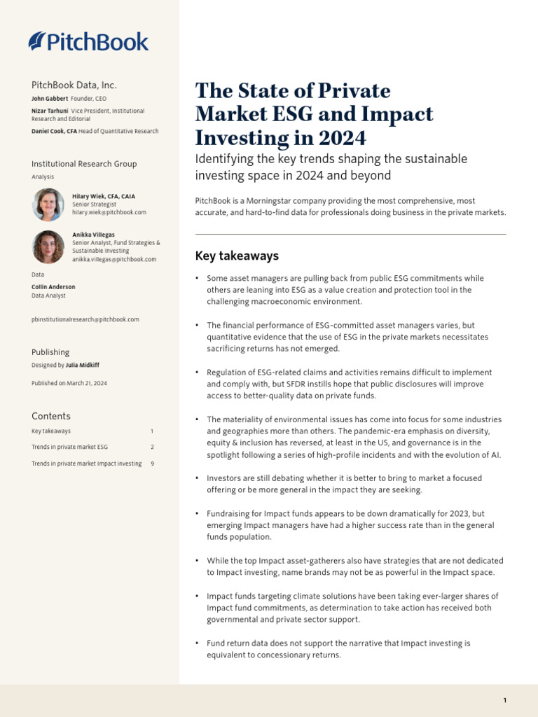 Q1 2024 PitchBook Analyst Note The State of Private Market ESG and ...