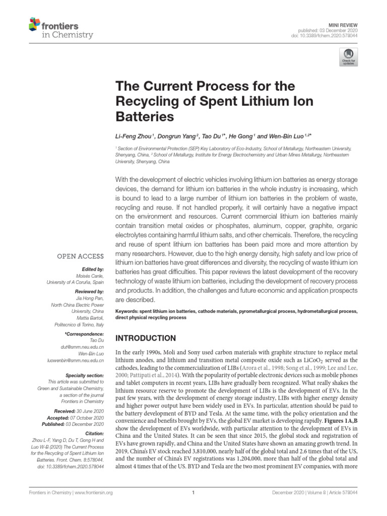 The Current Process For The Recycling of Spent Lithium Ion Batteries ...