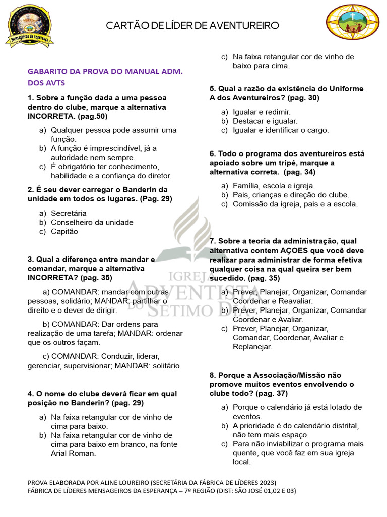 Prova do Manual Administrativo Aventureiros | PDF