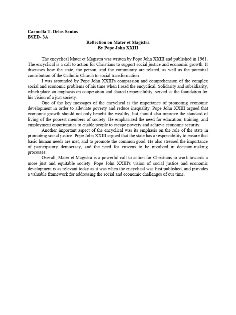DELOS SANTOS, CARMELLA- Reflection Paper in Social Encyclicals | PDF