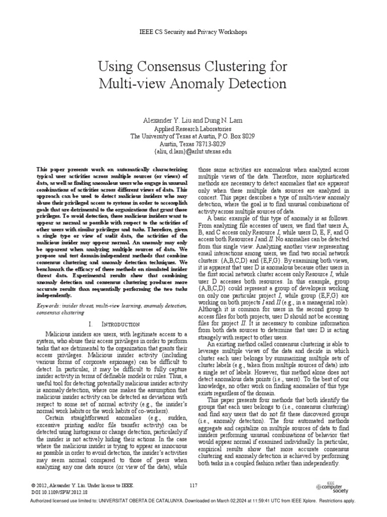 Using Consensus Clustering For Multi-View Anomaly Detection | Download Free PDF | Cluster ...