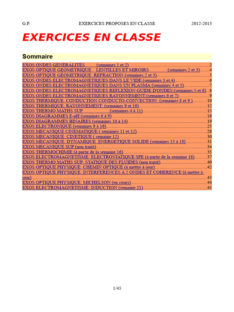 Exercices de Physique 2012-2013 | PDF | Vagues | Soleil