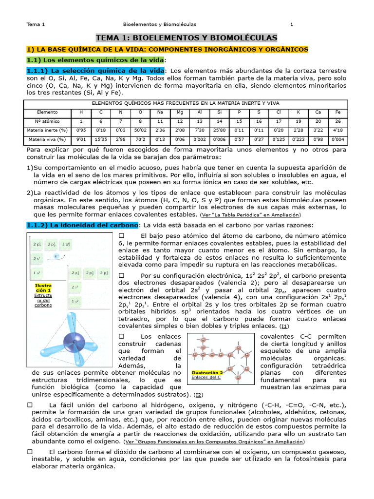 Tema 1 Bioelementos y Biomoleculas | PDF | Propiedades del agua | Enlace covalente