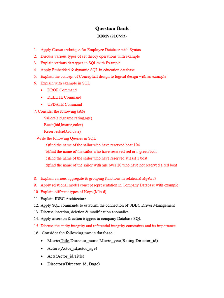 DBMS Question Bank | PDF | Relational Model | Databases