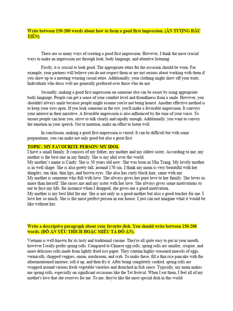 Write between 150-200 words about how to form a good first impression ...