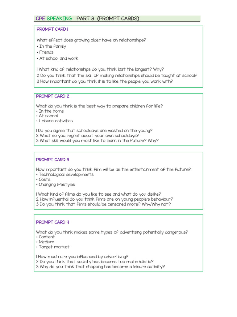 CPE Speaking-Prompt Cards | PDF | Social Psychology | Human Communication