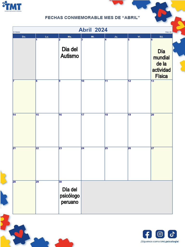 Fechas Conmemorativas Abril 2024 | PDF