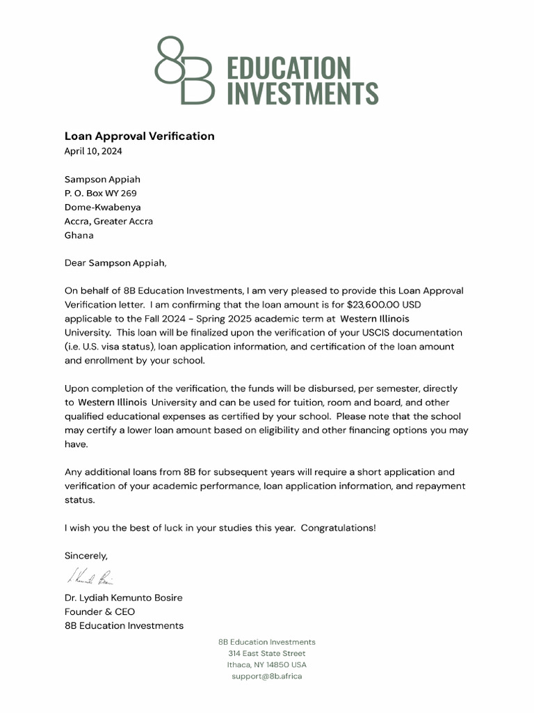 8B Loan Verification Letter - Sampson Appiah - Fall 2024 | PDF