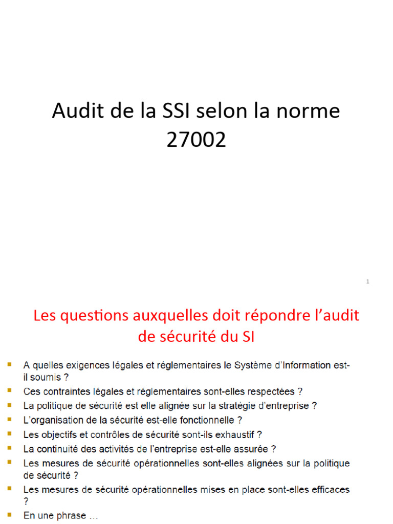 Audit de la SSI selon ISO 27002 | PDF | Sécurité des systèmes d ...