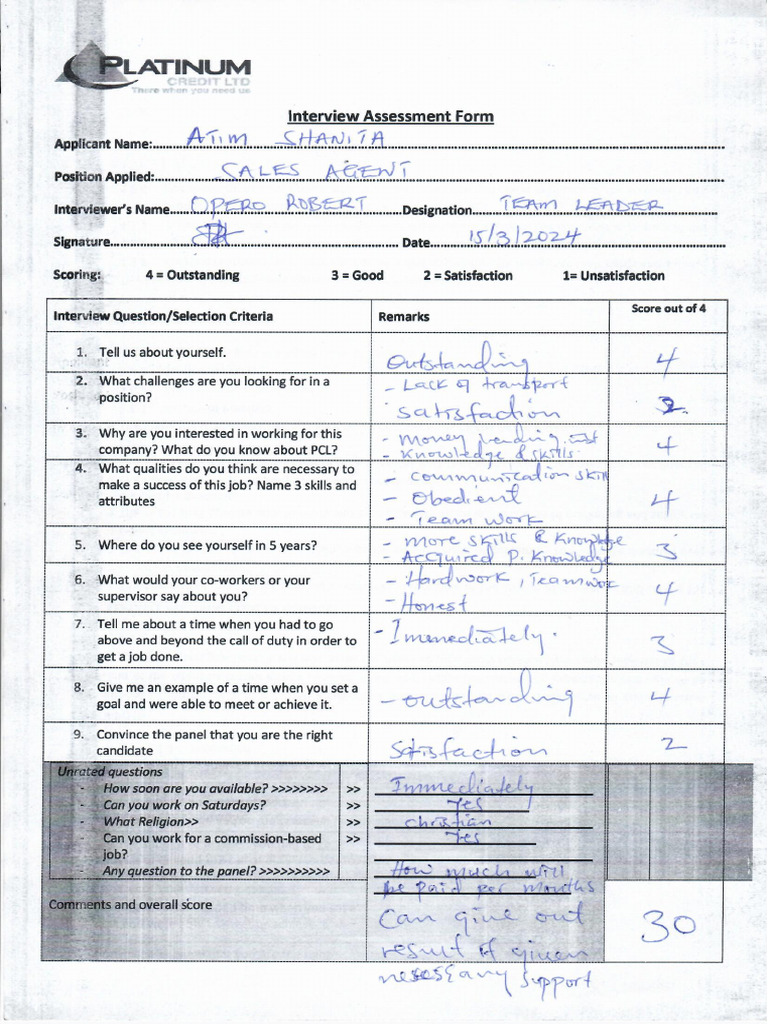 Interview Sheet | PDF