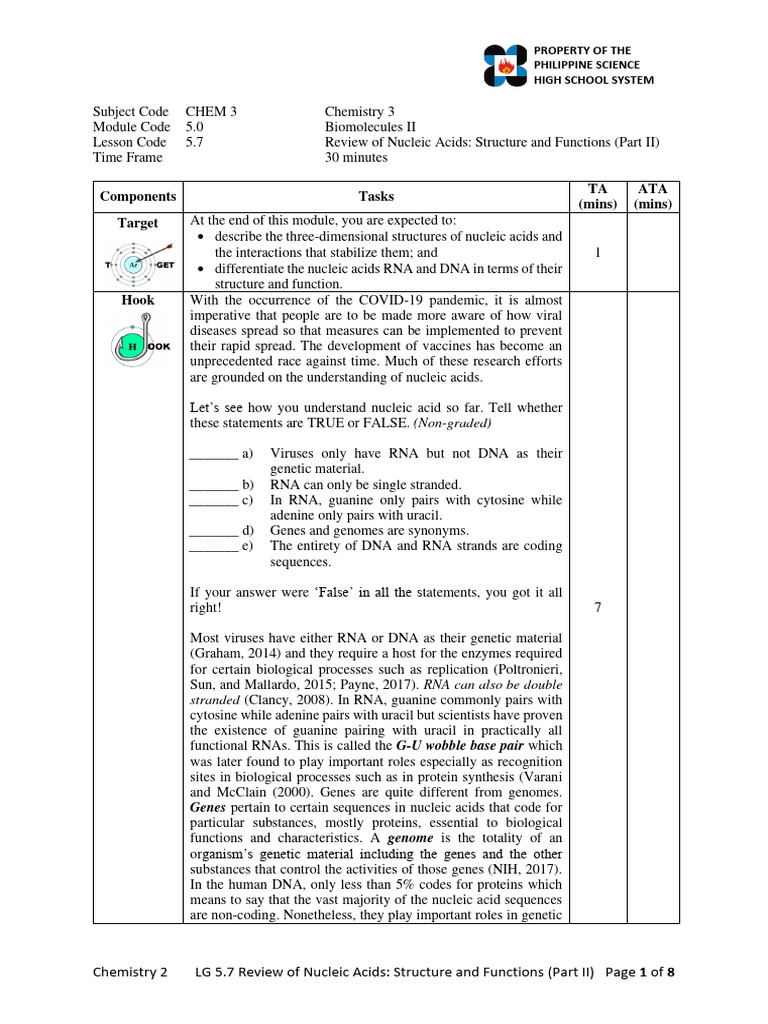 SLG Chem 3 LG 5.7 Review of Nucleic Acids Structure and Functions (Part ... SLG Chem 3 LG 5.7 Review of Nucleic Acids Structure and Functions (Part ...