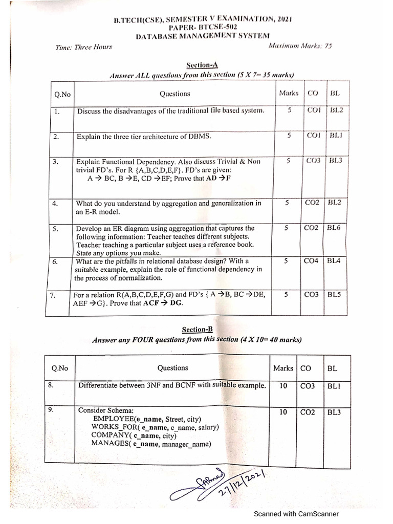 DBMS Examination Paper | PDF