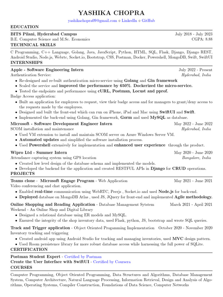 Yashika_Chopra-Resume | PDF | Databases | My Sql