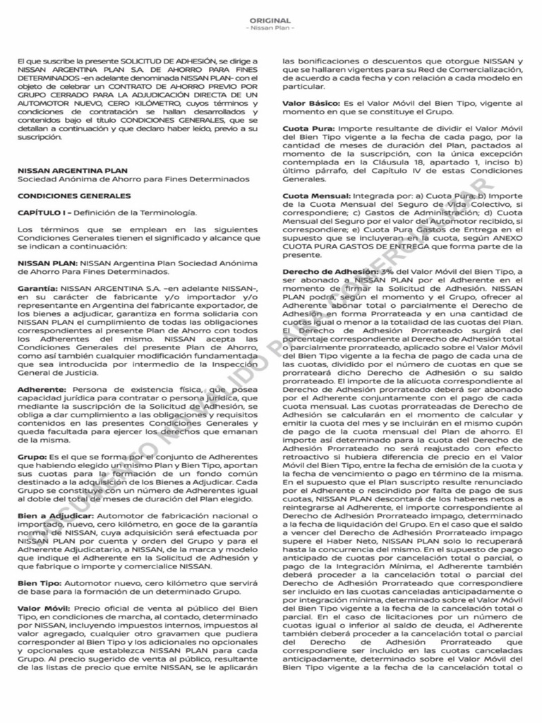 Condiciones Generales Nissan Plan Argentina | PDF