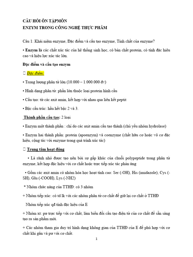 Câu Hỏi Ôn Tập Enzym TP-2022 | PDF